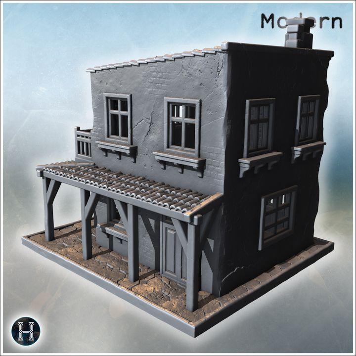 3D Printable Two-level rustic building with wooden porch, balcony door ...