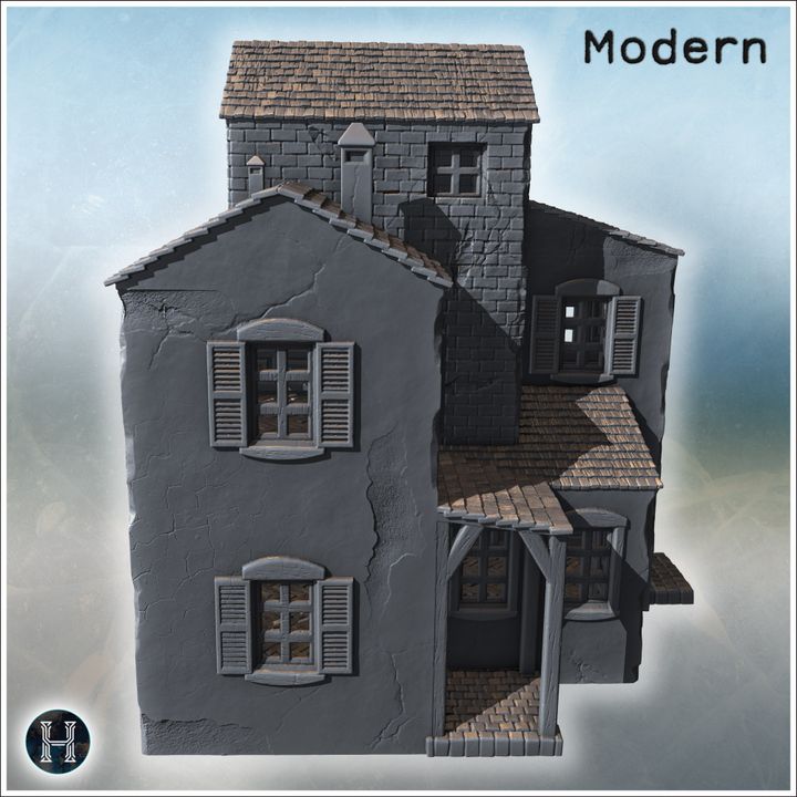 3D Printable House complex with interlocking volumes, wooden awning and ...