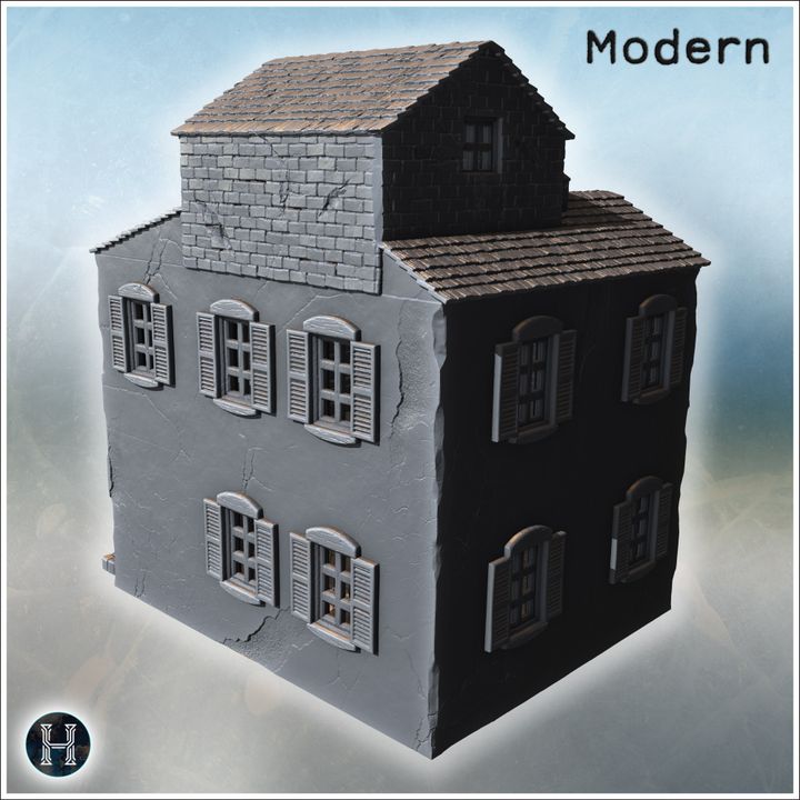 3D Printable House complex with interlocking volumes, wooden awning and ...