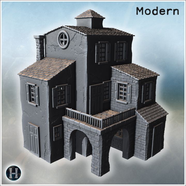 3D Printable Elevated building with arched stone porch, upper platform ...