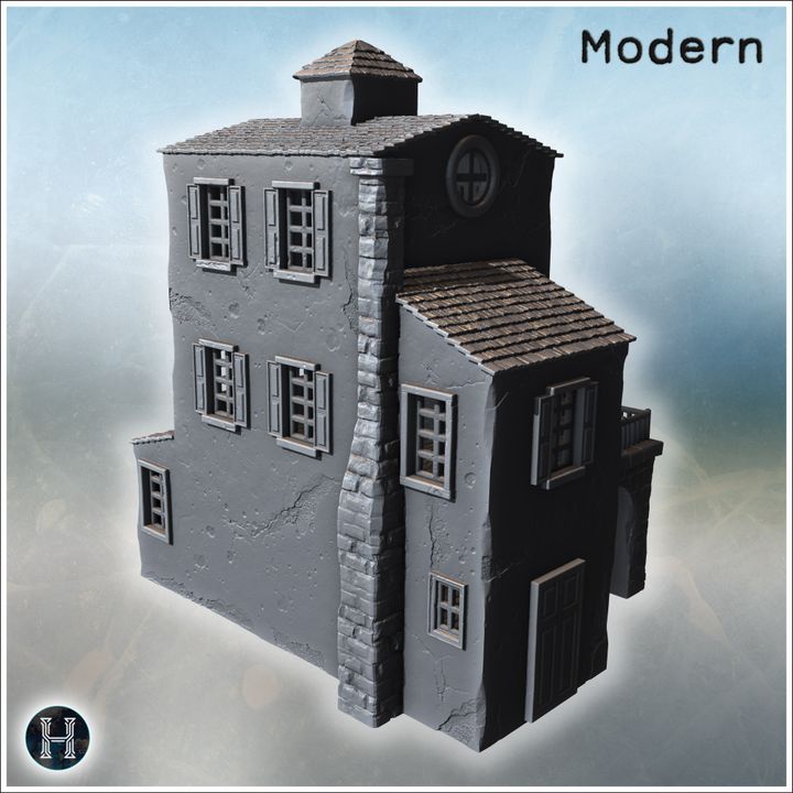 3D Printable Elevated building with arched stone porch, upper platform ...