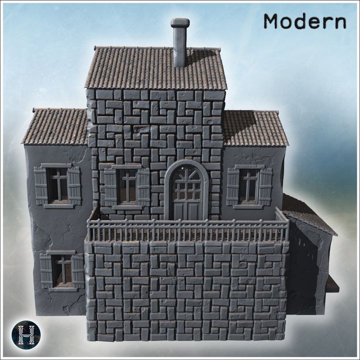 3D Printable Compact building with patterned stone wall, twin balconies ...