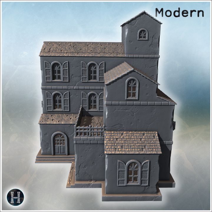 3D Printable Large manor house with arched windows, central balcony and ...