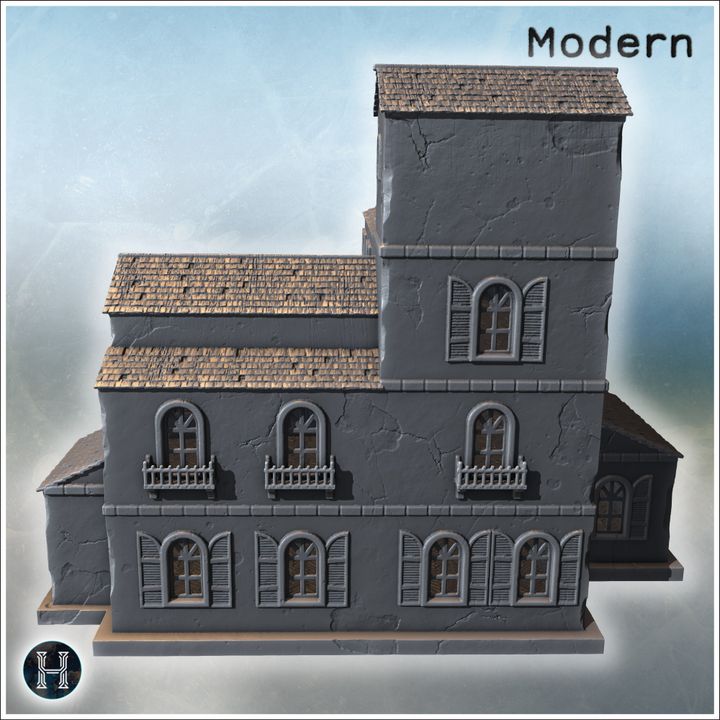 3D Printable Large manor house with arched windows, central balcony and ...