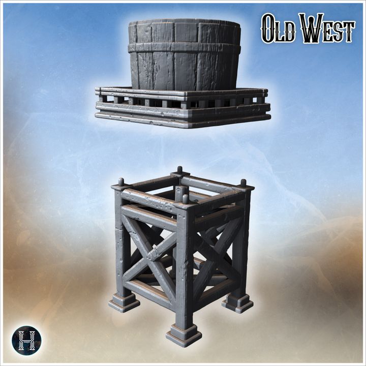 3D Printable Large round barrel placed on sturdy wooden base with ...