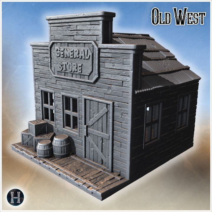 3D Printable General store with barrels, crates, signboard above door ...