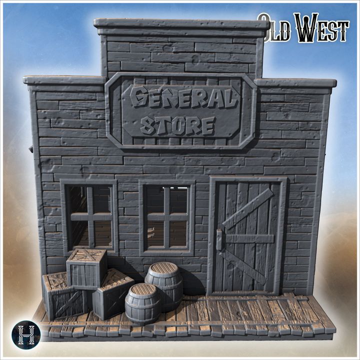 3D Printable General store with barrels, crates, signboard above door ...