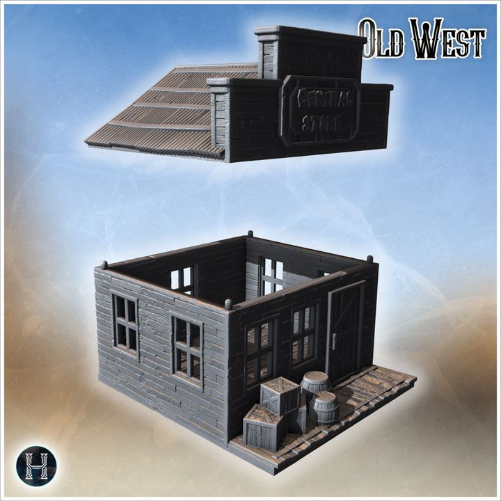 3D Printable General store with barrels, crates, signboard above door ...