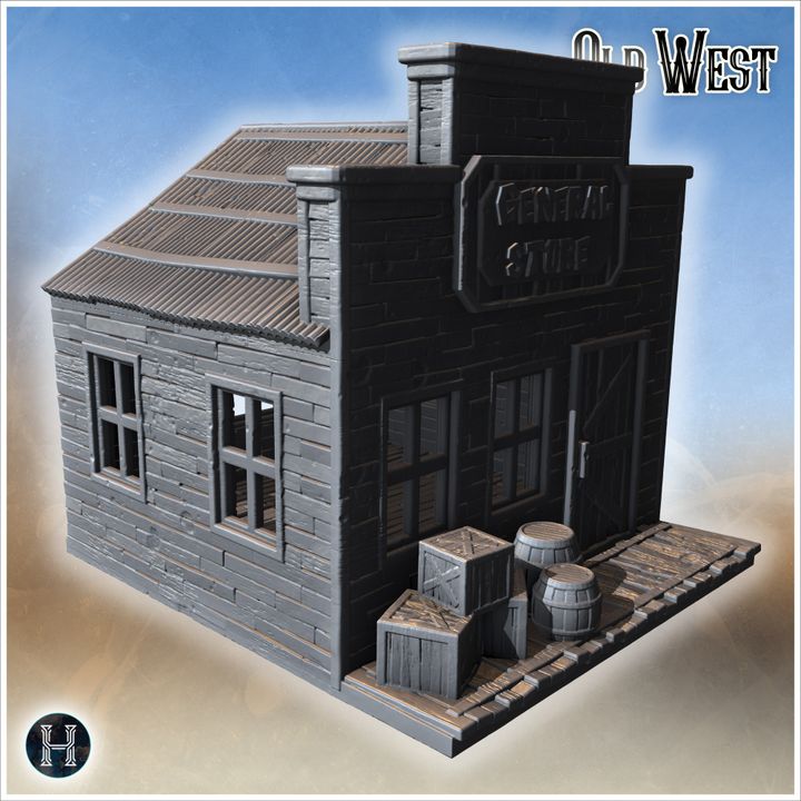 3D Printable General store with barrels, crates, signboard above door ...