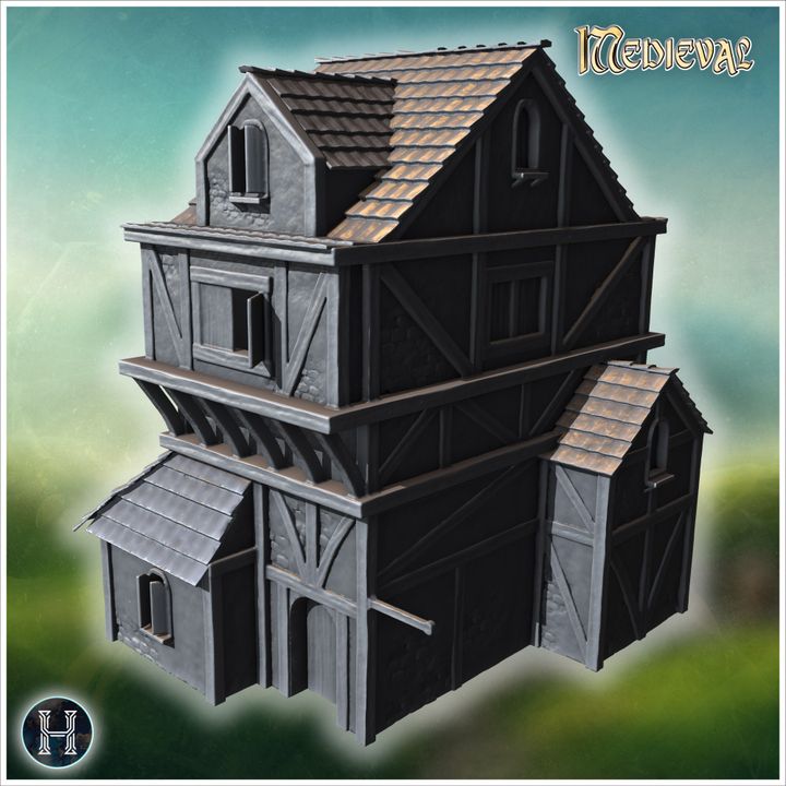 3D Printable Tall medieval house with timber framing, overhanging upper ...