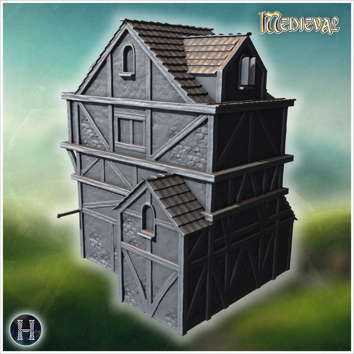 3D Printable Tall medieval house with timber framing, overhanging upper ...