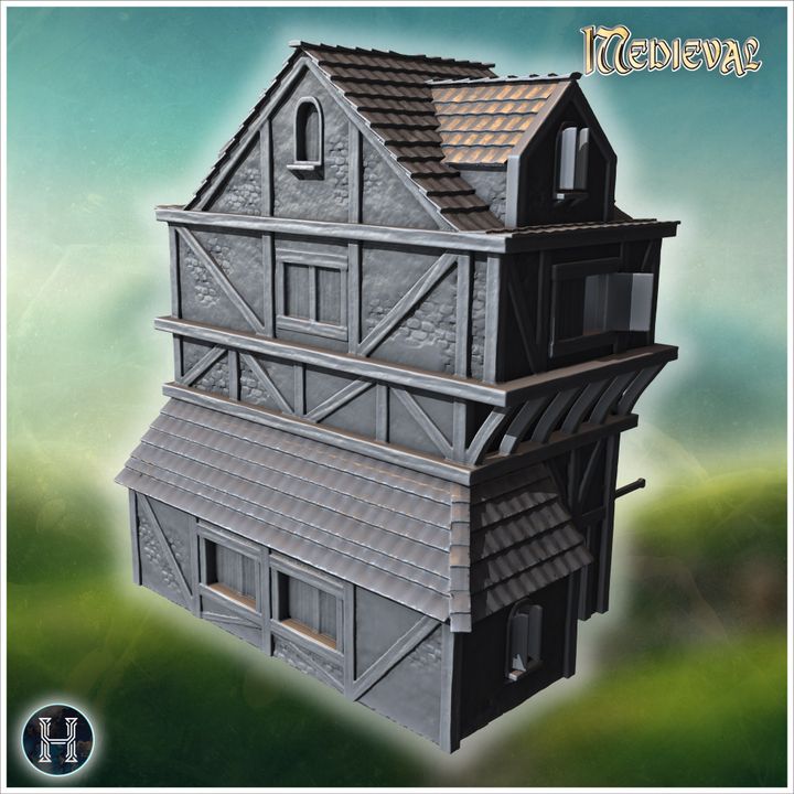 3D Printable Tall medieval house with timber framing, overhanging upper ...