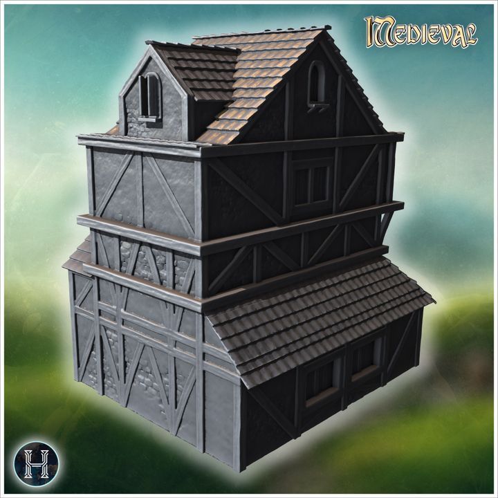 3D Printable Tall medieval house with timber framing, overhanging upper ...