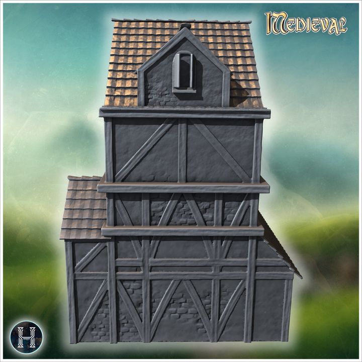 3D Printable Tall medieval house with timber framing, overhanging upper ...