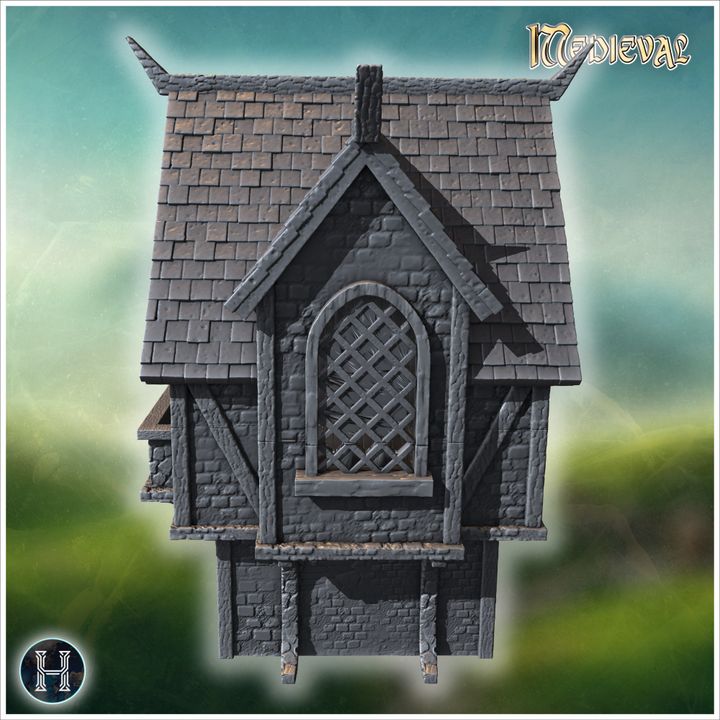 3D Printable Pointed-roof building with welcome sign, large front ...