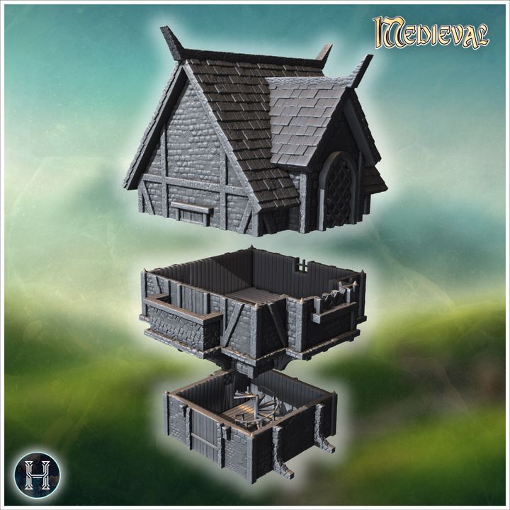 3D Printable Pointed-roof building with welcome sign, large front ...