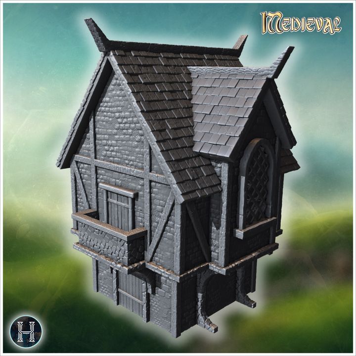 3D Printable Pointed-roof building with welcome sign, large front ...