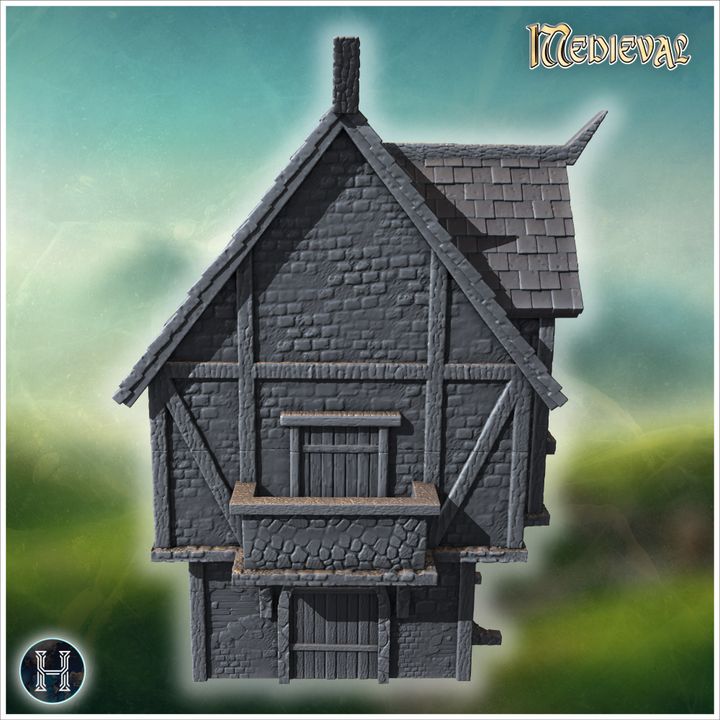 3D Printable Pointed-roof building with welcome sign, large front ...