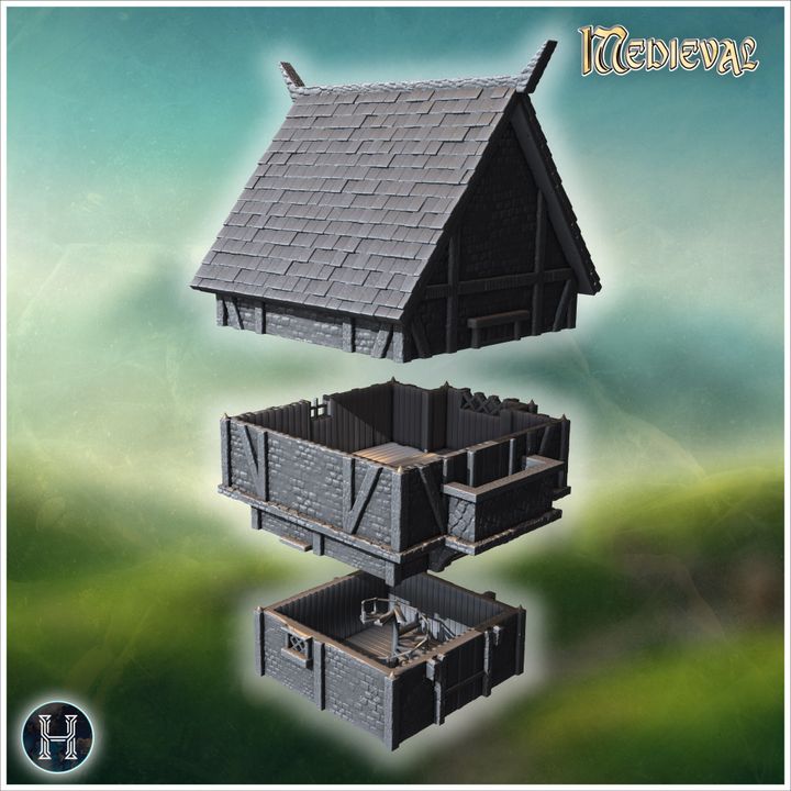 3D Printable Pointed-roof building with welcome sign, large front ...