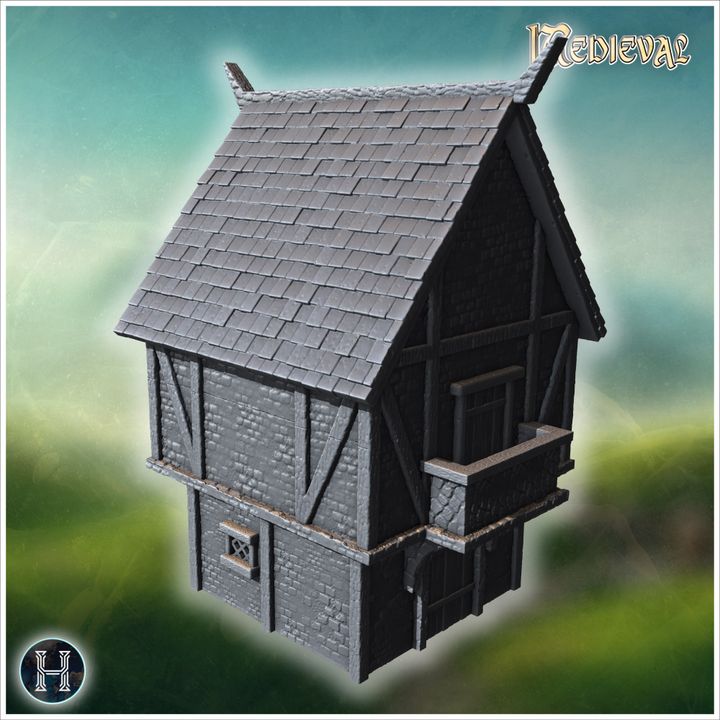 3D Printable Pointed-roof building with welcome sign, large front ...