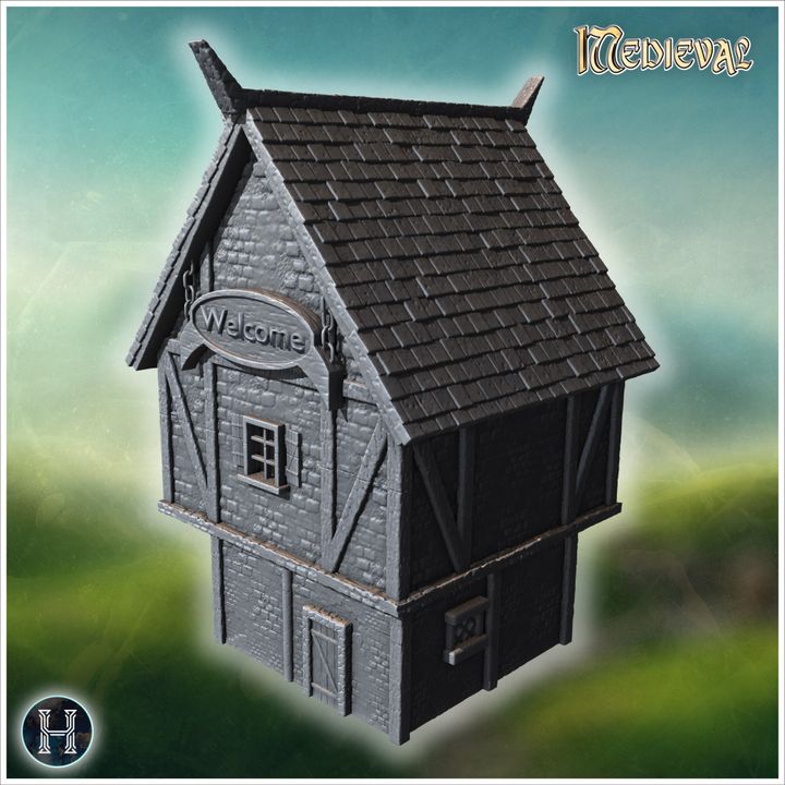 3D Printable Pointed-roof building with welcome sign, large front ...