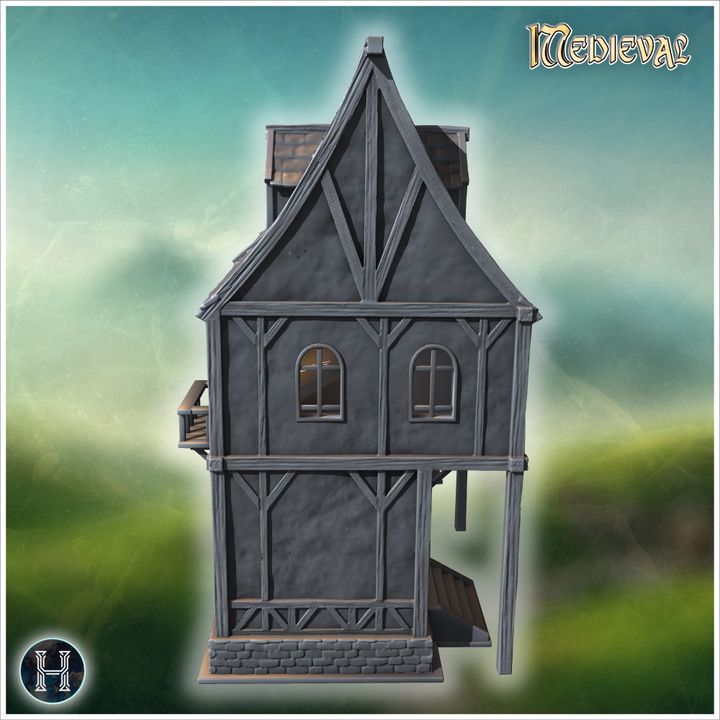 3D Printable Long twin-building with steep curved roof, dormer windows ...