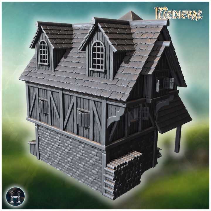 3D Printable Timber-framed house with dormer windows, open shutters ...