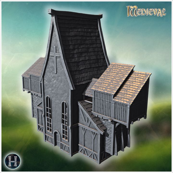 3D Printable Church-like building with steep roof, vertical windows ...