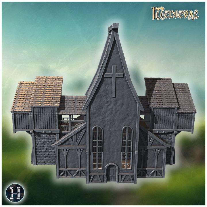 3D Printable Church-like building with steep roof, vertical windows ...