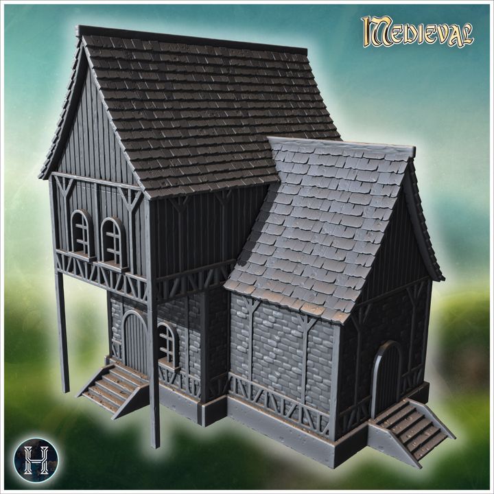 3D Printable Half-timbered house with twin staircases, arched windows ...