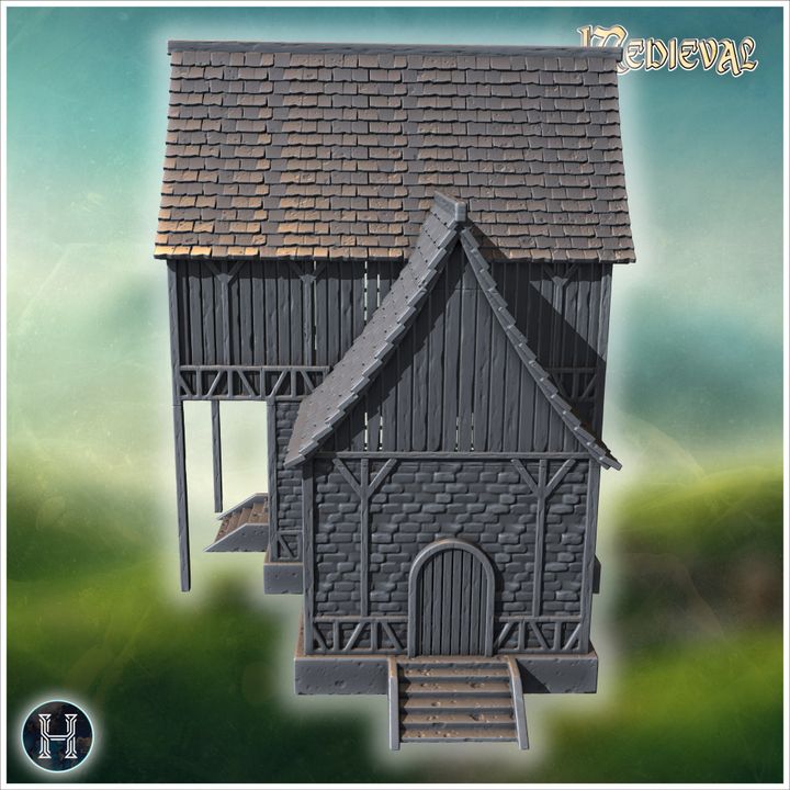3D Printable Half-timbered house with twin staircases, arched windows ...