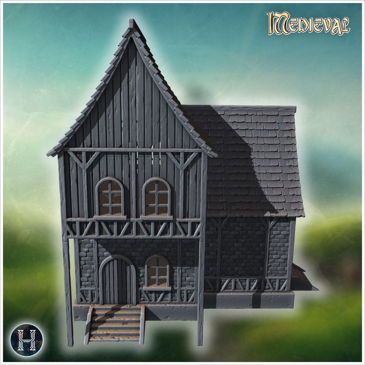 3D Printable Half-timbered house with twin staircases, arched windows ...