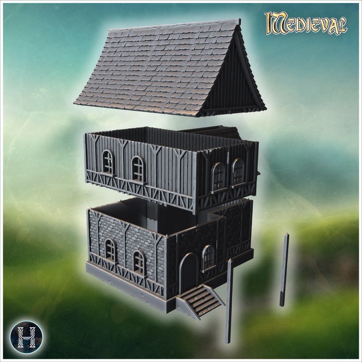3D Printable Half-timbered house with twin staircases, arched windows ...