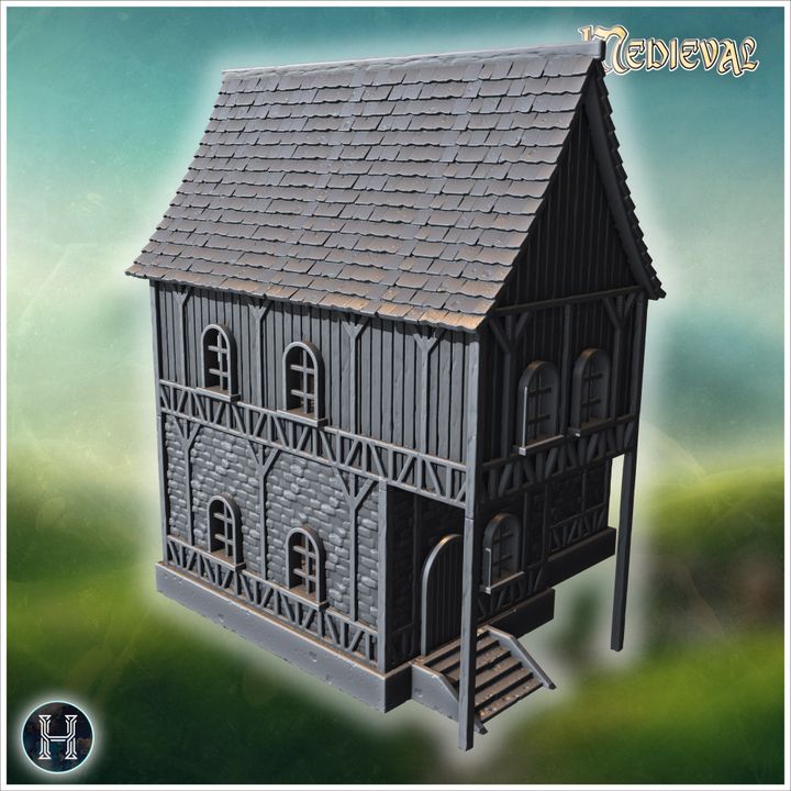 3D Printable Half-timbered house with twin staircases, arched windows ...