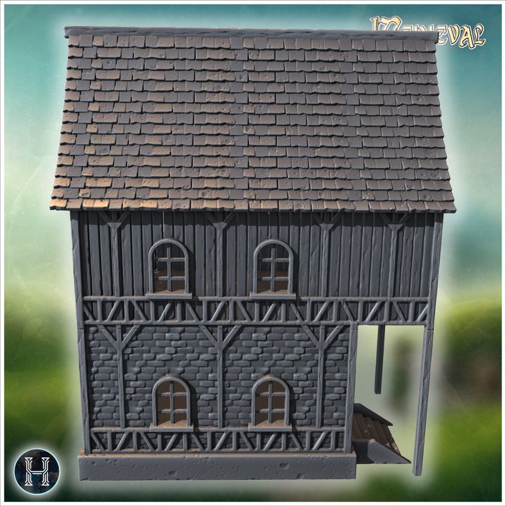 3D Printable Half-timbered house with twin staircases, arched windows ...
