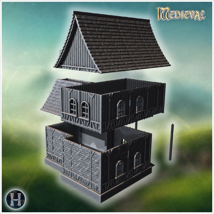 3D Printable Half-timbered house with twin staircases, arched windows ...