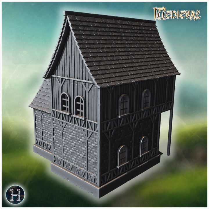 3D Printable Half-timbered house with twin staircases, arched windows ...