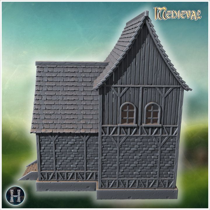 3D Printable Half-timbered house with twin staircases, arched windows ...