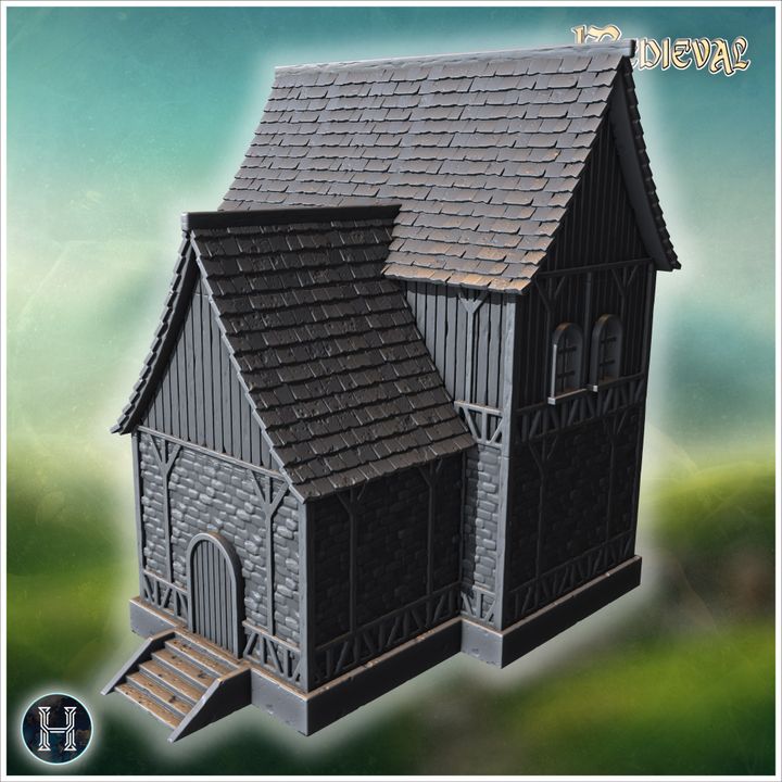 3D Printable Half-timbered house with twin staircases, arched windows ...