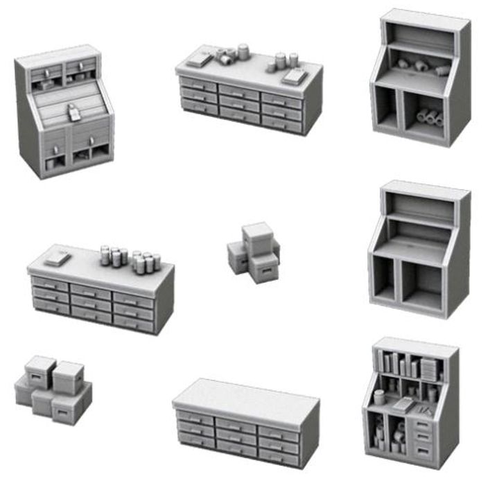 3D Printable 28mm Pharmacy Accessories by Hayland Terrain