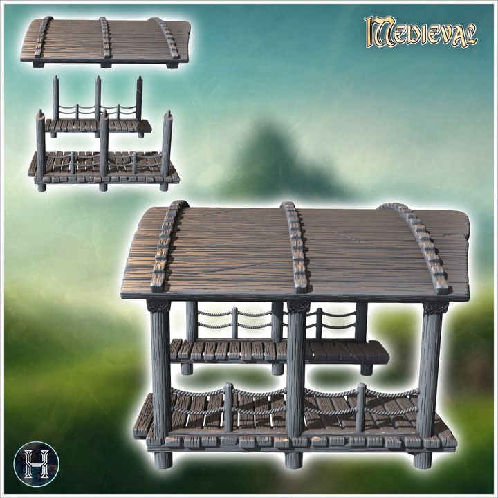 3D Printable Covered wooden platforms with rope railings and raised ...