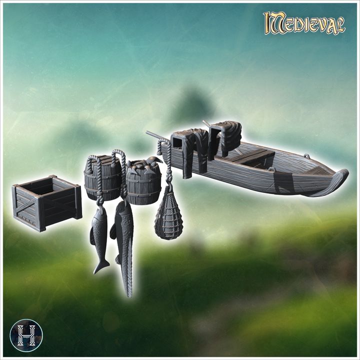 3D Printable Wooden fishing boat with barrels, fish, and crates ...