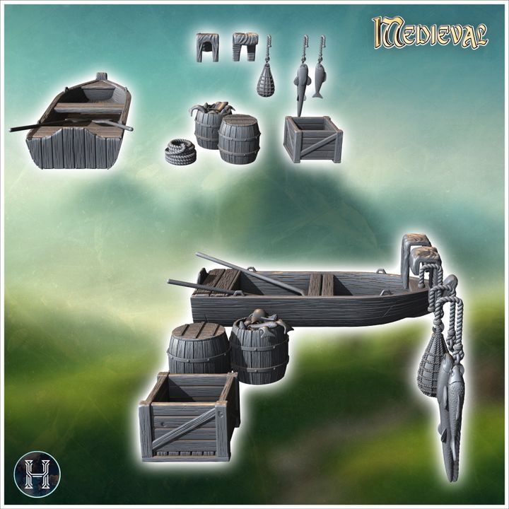 3D Printable Wooden fishing boat with barrels, fish, and crates ...