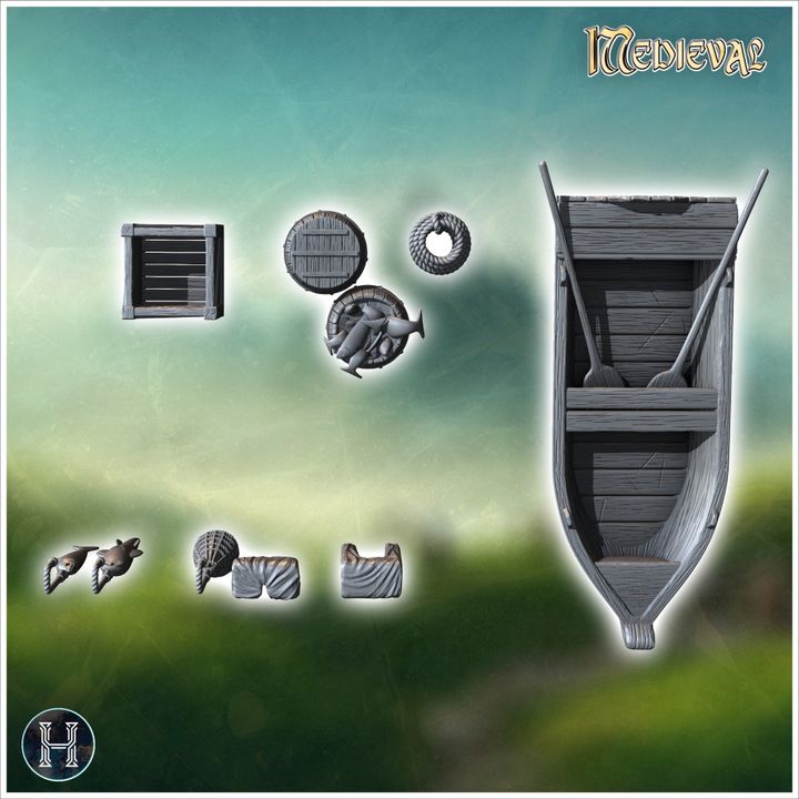 3D Printable Wooden fishing boat with barrels, fish, and crates ...