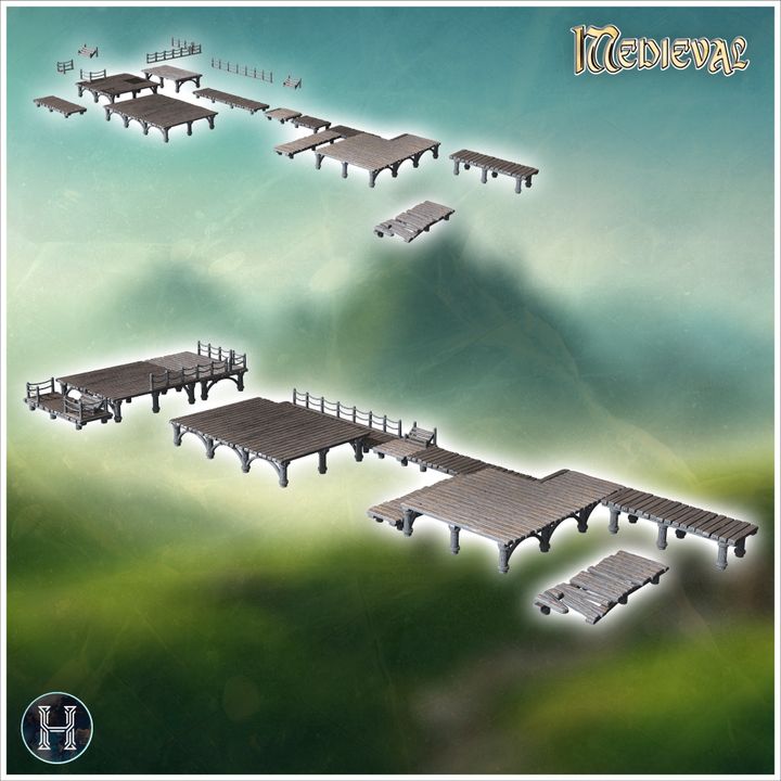 3D Printable Large wooden dock with multiple platforms, railings, and ...