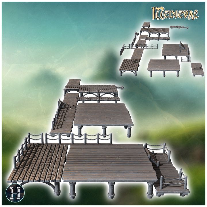 3D Printable Large wooden dock with multiple platforms, railings, and ...