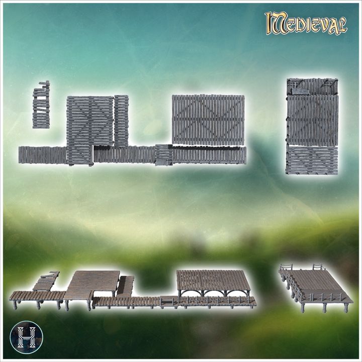 3D Printable Large wooden dock with multiple platforms, railings, and ...