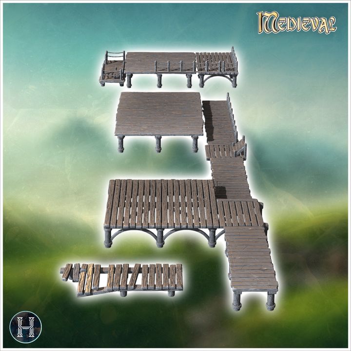 3D Printable Large wooden dock with multiple platforms, railings, and ...