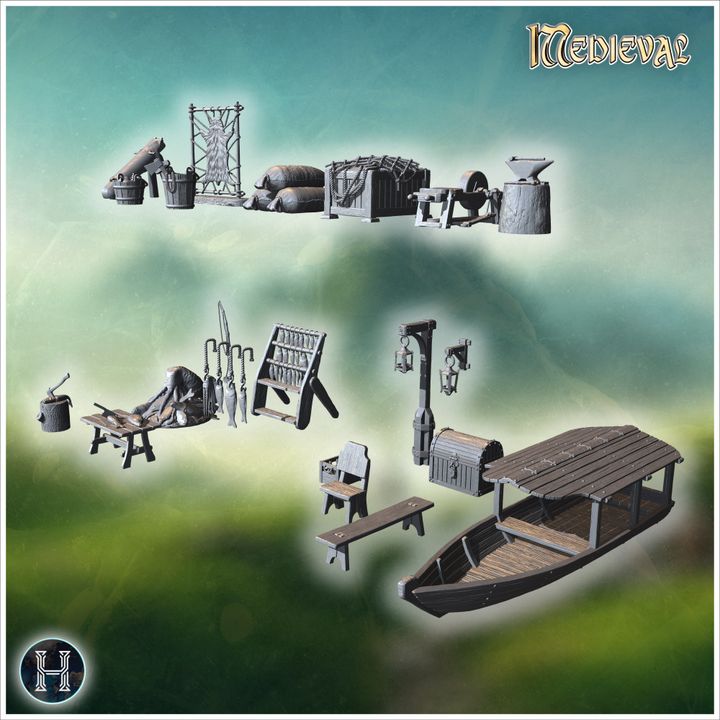 3D Printable Collection of medieval items including boat, tools ...
