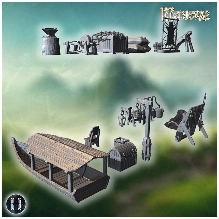 3D Printable Collection of medieval items including boat, tools ...
